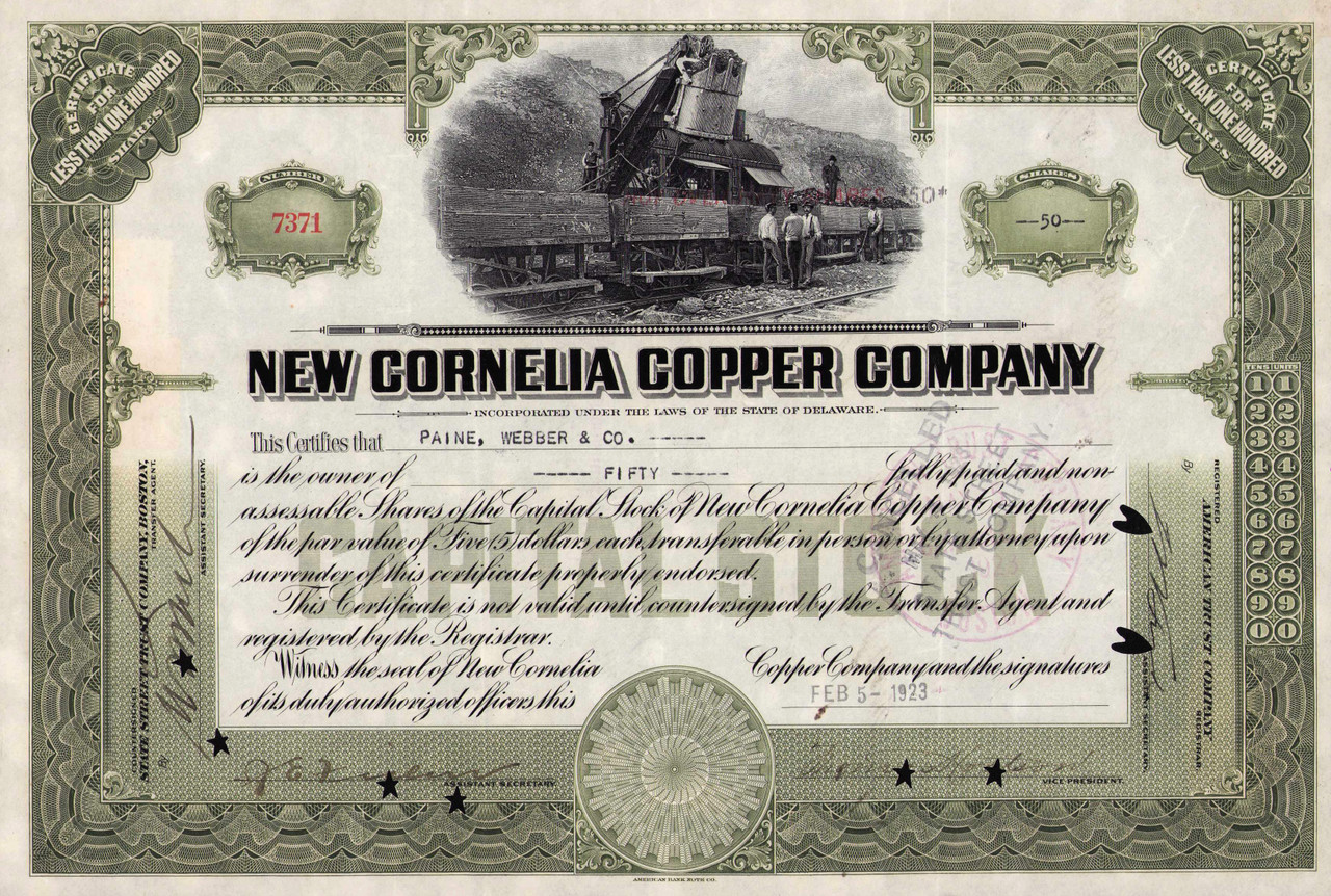 New Cornelia Copper Company stock certificate - olive 1923 (Arizona)