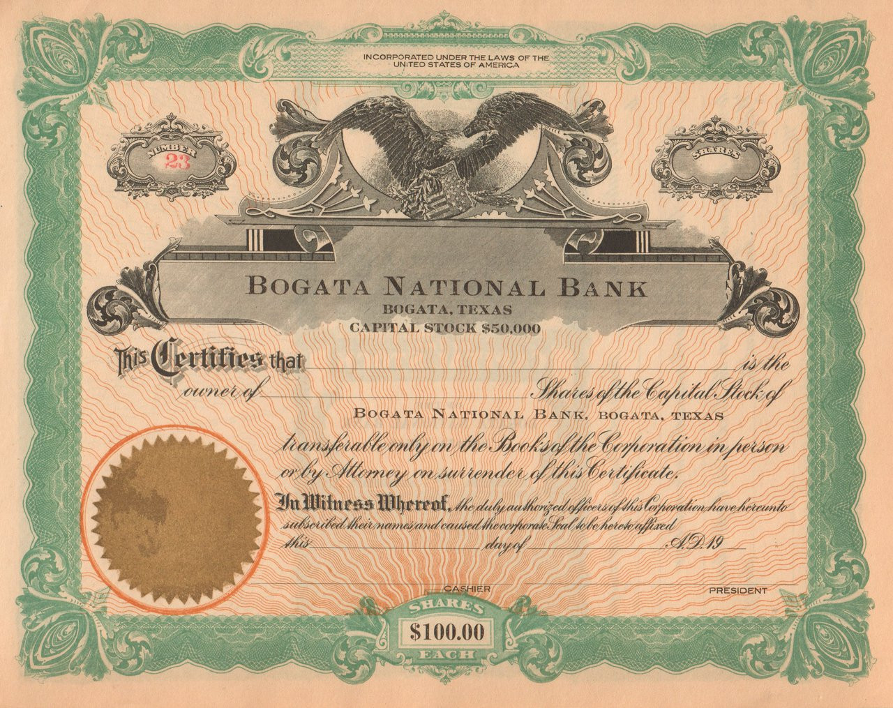Bogata National Bank stock certificate circa 1914 (Texas)