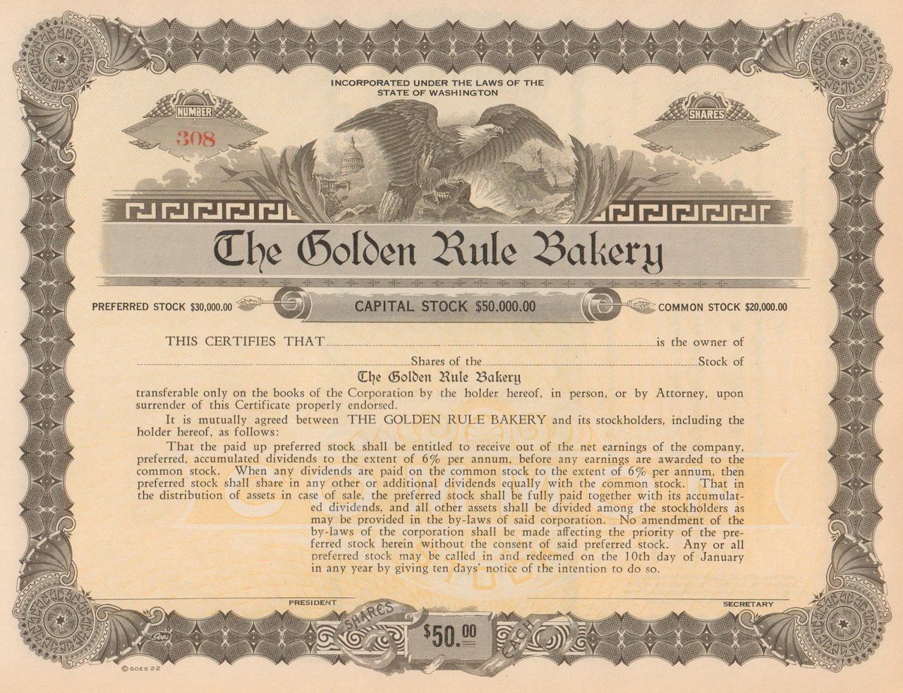 The Golden Rule Bakery stock certificate circa 1920 (Washington)