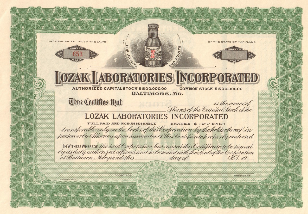 Lozak Laboratories stock certificate circa 1900 (Baltimore MD)