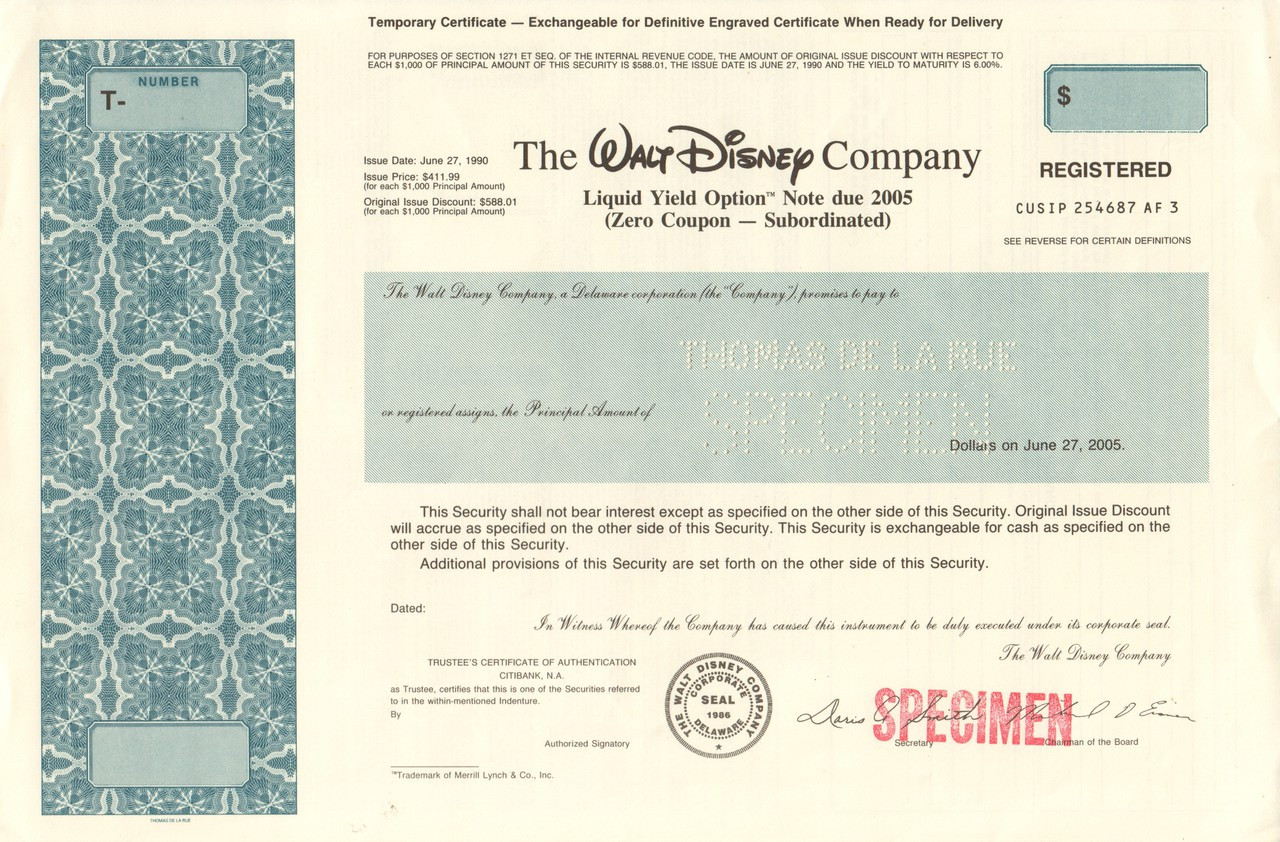Walt Disney Company specimen bond certificate 1990