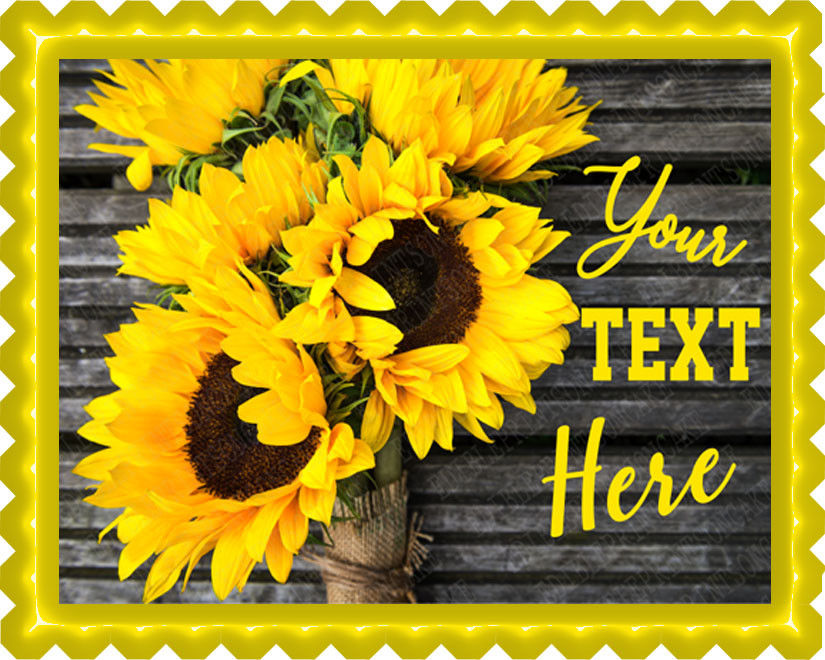 Yellow Sunflower Bouquet on Wooden Rustic Edible Birthday Cake Topper