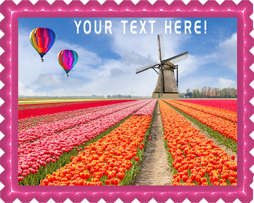 Landscape of Netherlands of Tulips with Hot Air Balloon Edible Cake Topper
