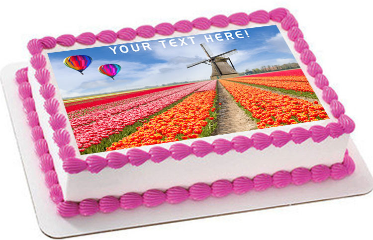 Landscape of Netherlands of Tulips with Hot Air Balloon Edible Cake Topper
