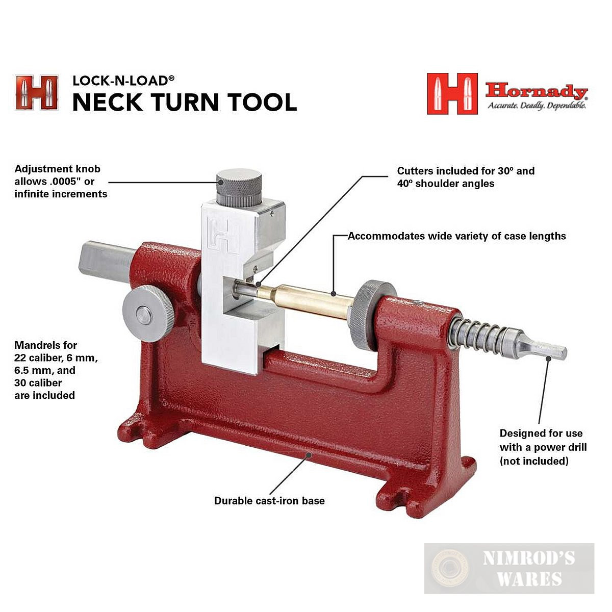 Hornady NECK TURN TOOL .22 6mm 6.5mm .30 Mandrels Handloading 041224 ...
