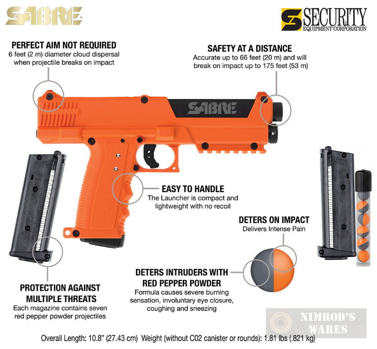 Sabre PEPPER SPRAY LAUNCHER + Extra Mag 14X Projectiles 66' Range Self ...