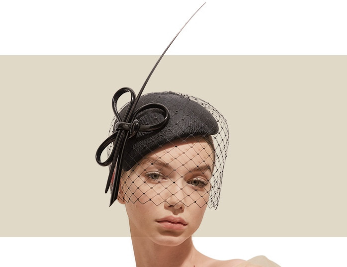 HANDBLOCKED CALOTTE HAT WITH VEILING - Black - Gold Coast Couture