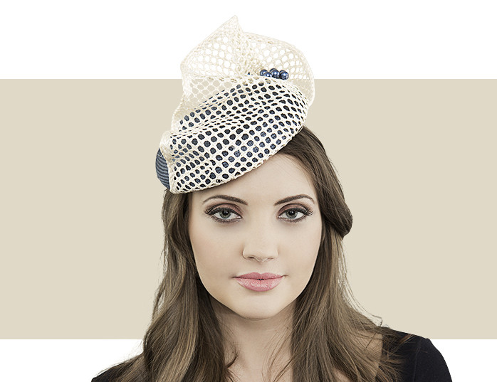 Jasmine Navy Blue & Ivory White Cocktail Hat with Pearls