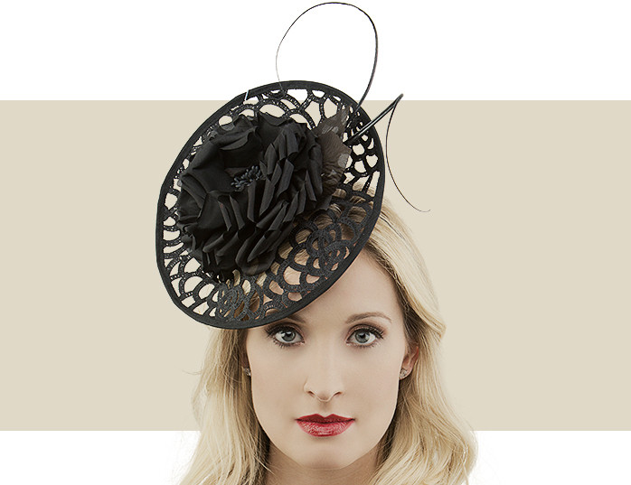 Black Lace Disc Fascinator Hat with Flower & Quill Detail
