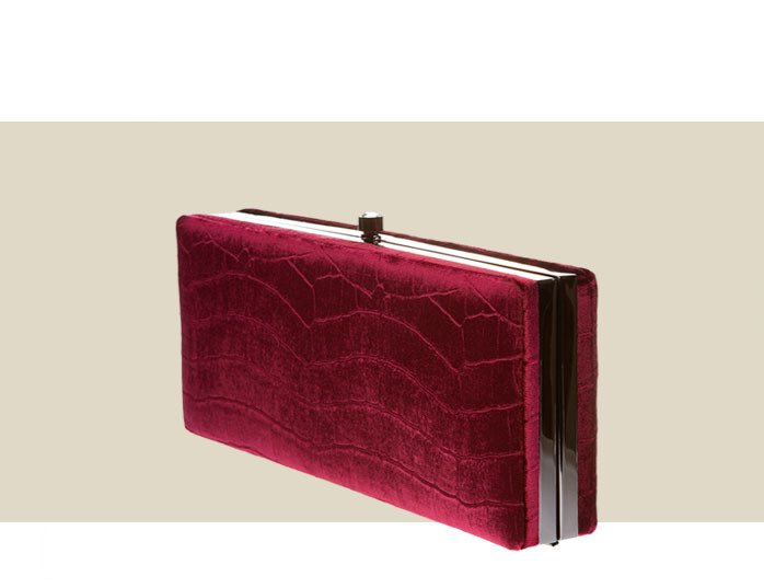 Large Burgundy Velvet Box Clutch Purse with Alligator Pattern