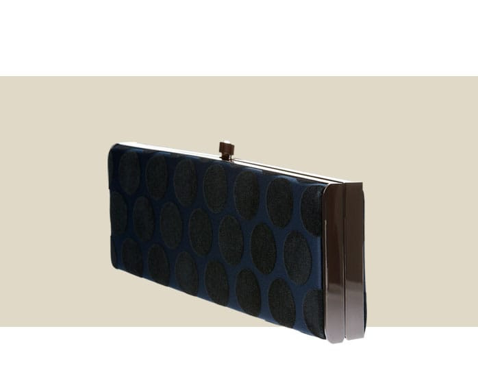 Small Navy Blue Polkadot Box Clutch with Crystal Push-Button