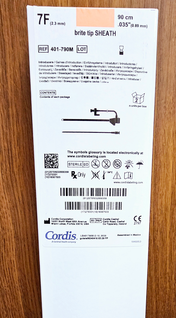 401-790M Cordis Brite Tip Sheath Introducers 7Fr x 90cm