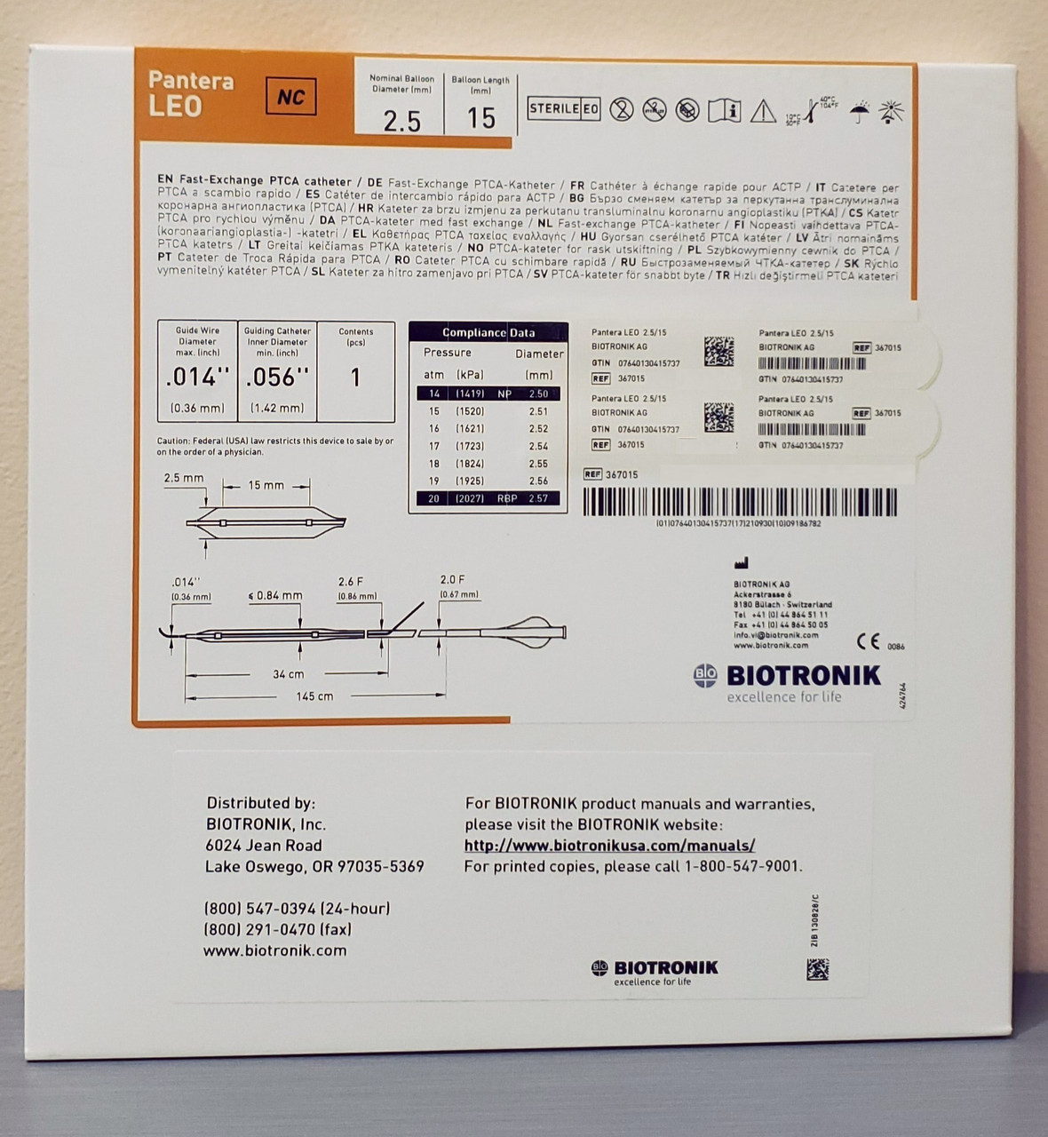 BIOTRONIK, 367015, Pantera LEO, Fast-Exchange, PTCA, Catheter, 2.5 mm x ...