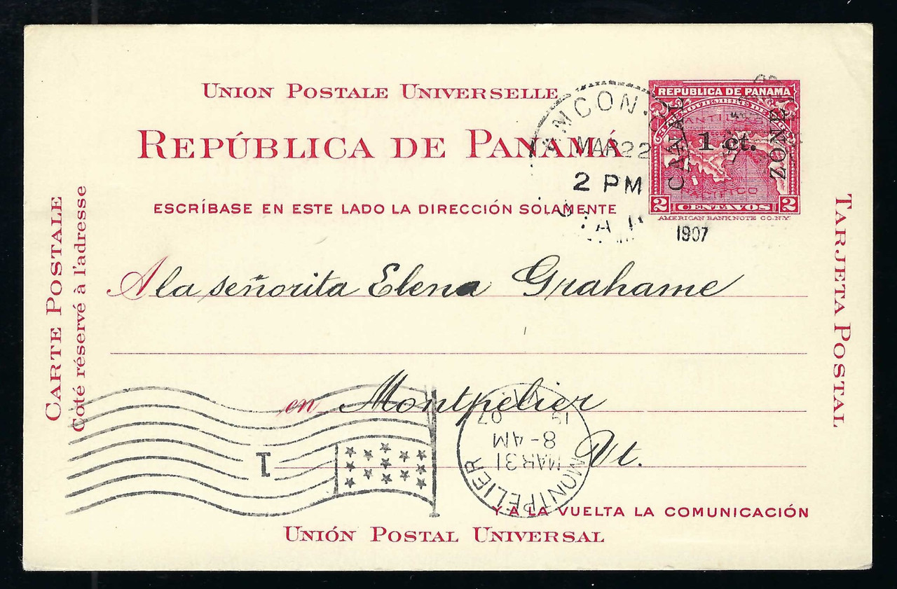Canal Zone postal card UX1/S1 Used ANCON STA A 3-22-1907 to US. Fresh ...