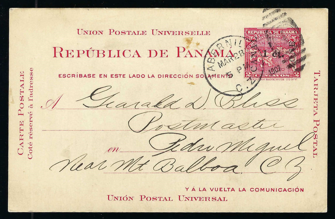 Canal Zone postal card UX1/S1 Used TABERNILLA 3-28-1907 to Pedro Miguel ...