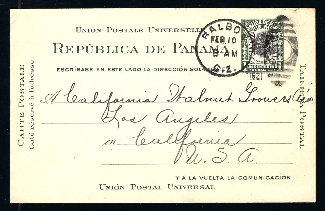 Canal Zone Postal Card UX4/S11 Used Balboa 2-10-21 to US Very Fine ...