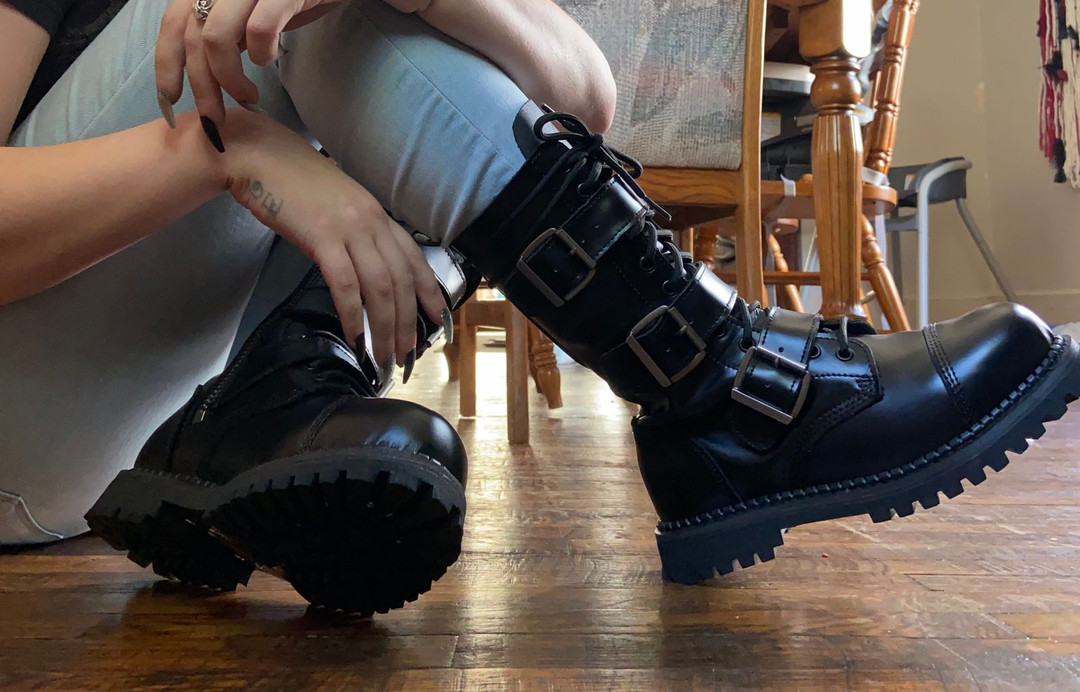 Black Leather Lace-Up Triple Buckle Steel Toe Combat Boots - Riot-12 ...