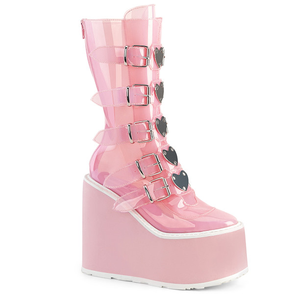 Pink Translucent Heart Buckle Platform Mid-Calf Boots - SWING-230C ...