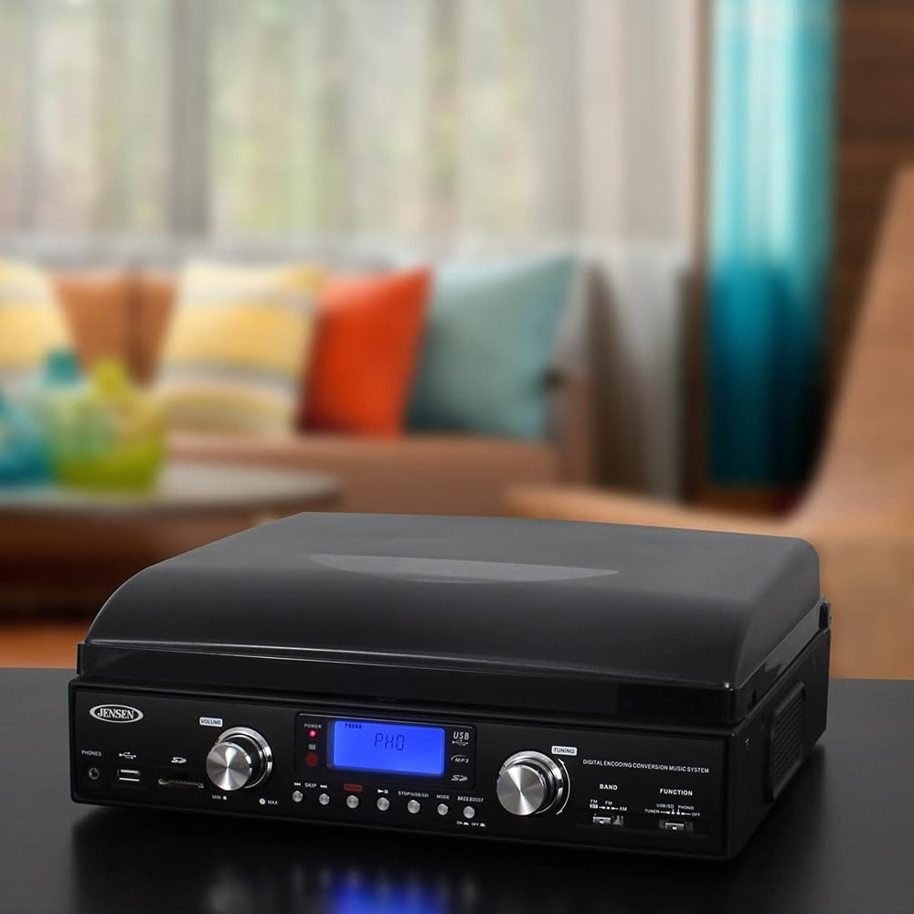Jensen JTA-460P Black Turntable w AM/FM Radio and MP3 Encoding ...