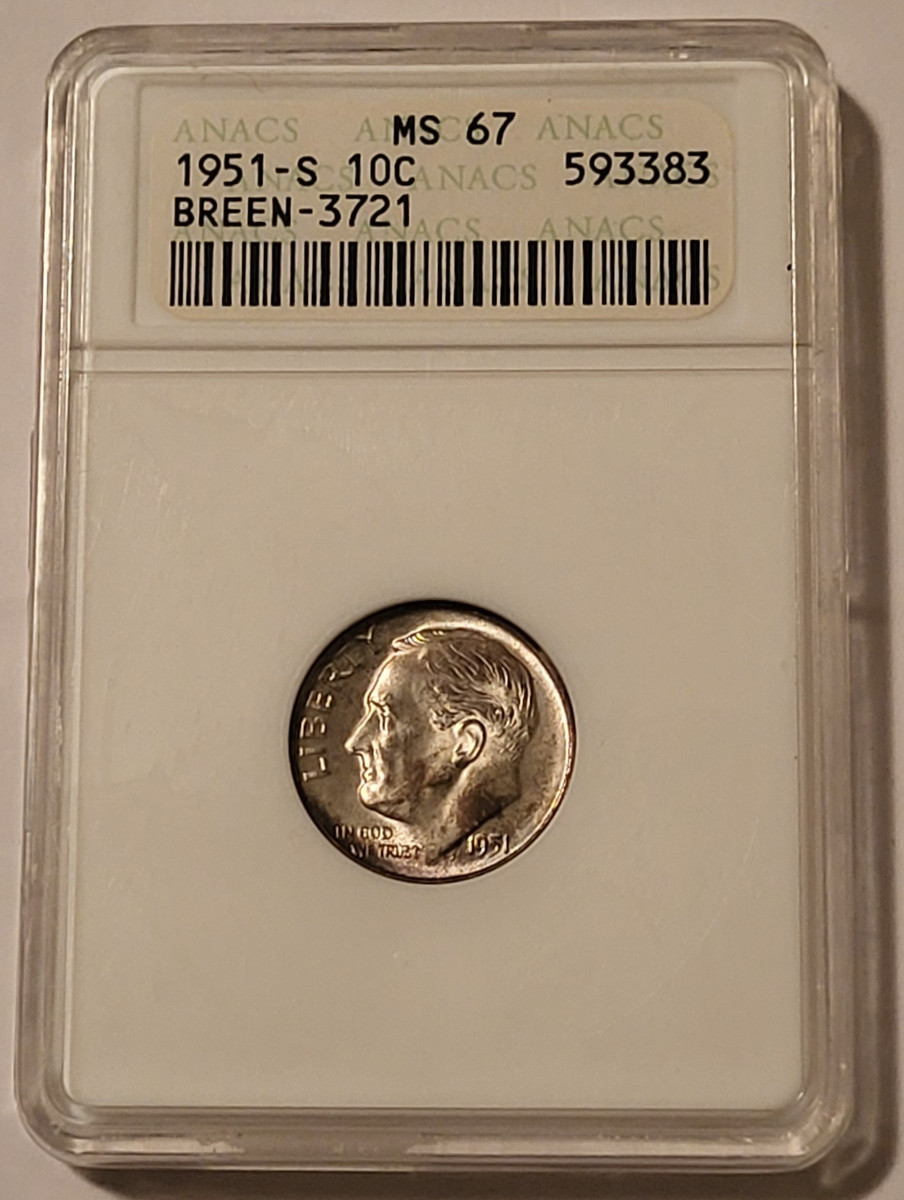 1951 S Roosevelt Dime Breen-3721 (Trumpet-Tailed S) MS67 ANACS