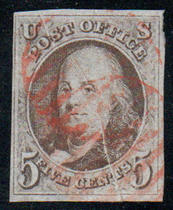# 1 VF/XF, light red cancel, PRE-PRINTING PAPER FOLD, very nice example ...